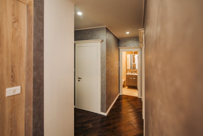 Corridor in the apartment. The front door to room. Building, flat ...