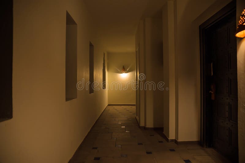 Corridor in Arabic Style and Big Black Door, Glowing Light at Th Stock ...