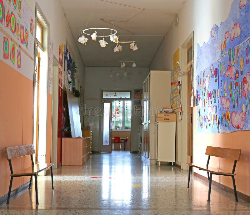 Corridor of the Atrium of the Kindergarten with Drawings Stock Photo ...