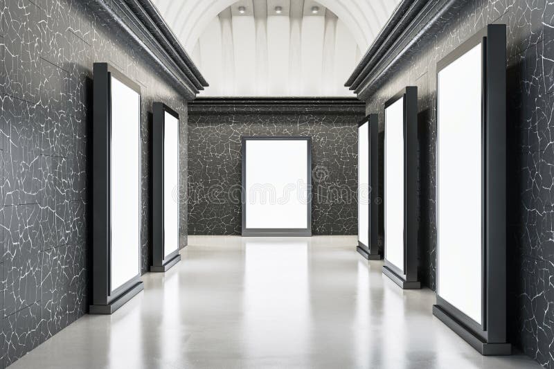 A Corridor with Blank Lightbox Posters for Mockup, Marble Walls and ...