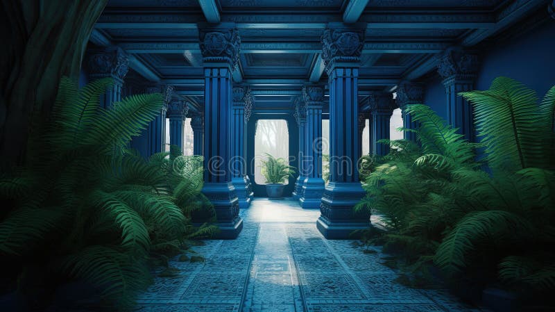 Corridor of Blue Columns and Green Plants in Antique Styled Hotel ...