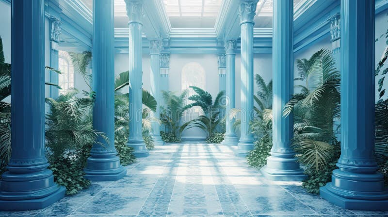 Corridor of Blue Columns and Green Plants in Antique Styled Hotel ...