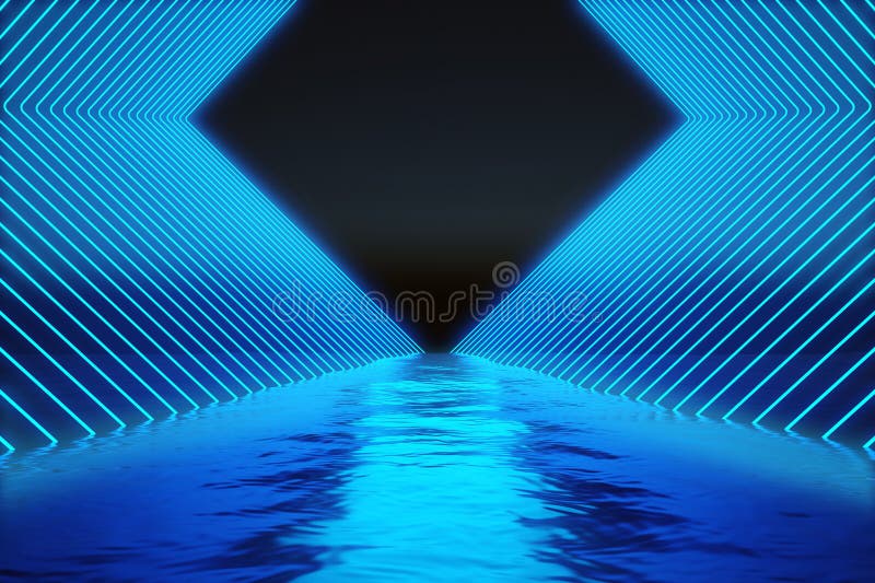 Corridor of Blue Neon Lines Over the Water Stock Illustration ...