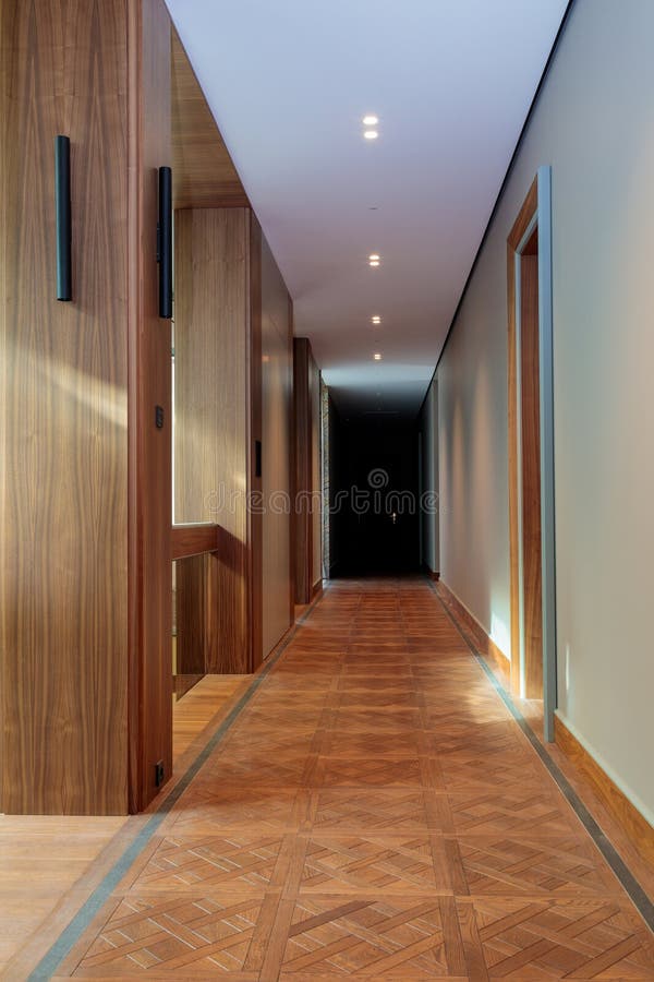 Corridor in a Building with Modern Design with Parquet Flooring ...