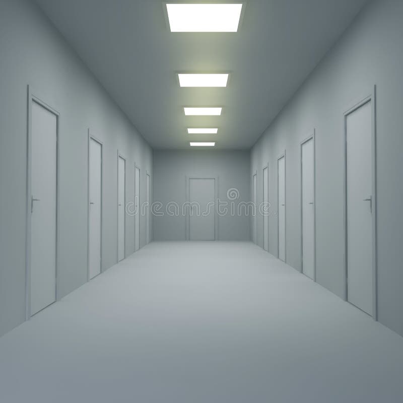 Corridor with Closed Doors and Lighting. 3d Illustration. Stock ...