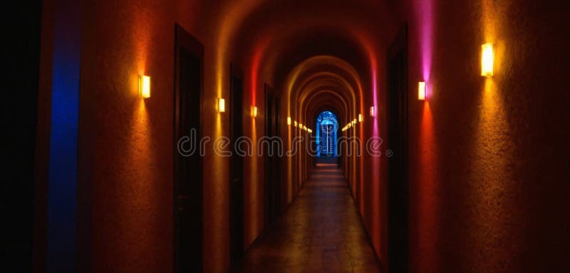 A Corridor with Colorful Lights in the Dark Stock Illustration ...