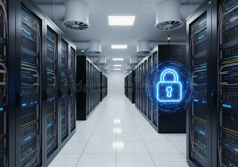 Secured Data Center Corridor with Digital Lock Icon and Server Racks ...