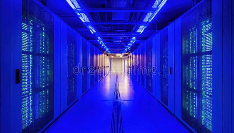Blue-lit Data Center Corridor with Rows of Servers and Illuminated ...
