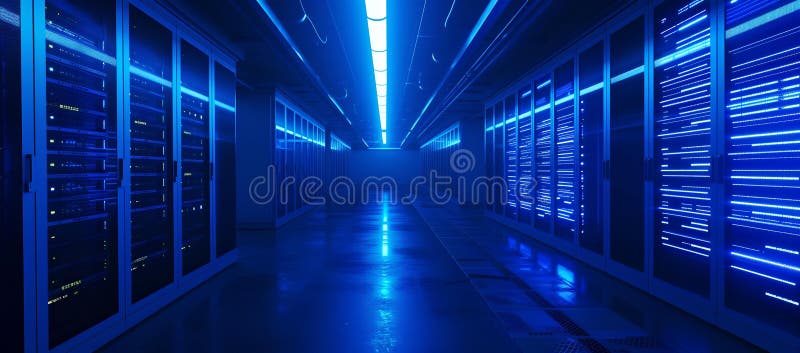 Futuristic Data Center Hallway with Blue Lighting. Modern Network and ...