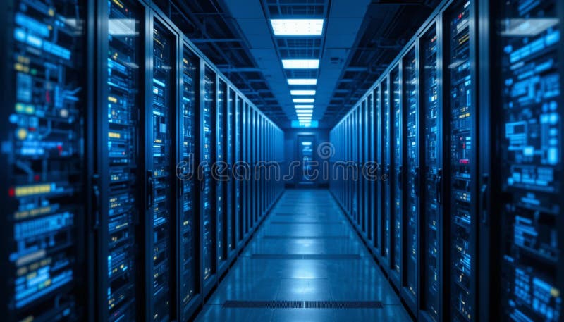 Corridor of a Data Center, Lined with Tall Server Racks Filled with ...