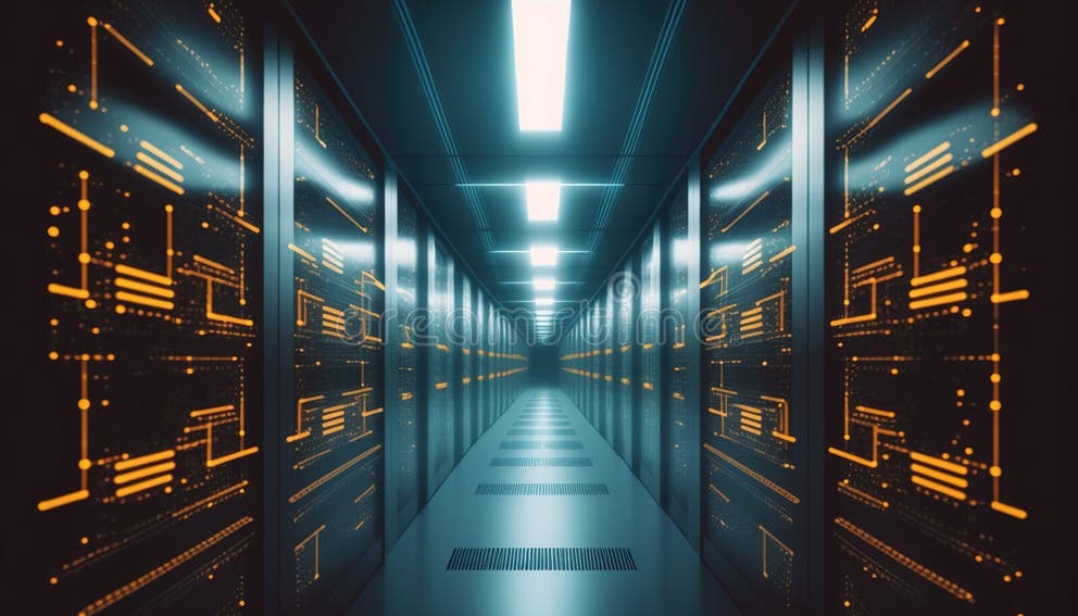 Corridor of Data Center with Racks of Server Computer for Cloud Computing Data Stock ...