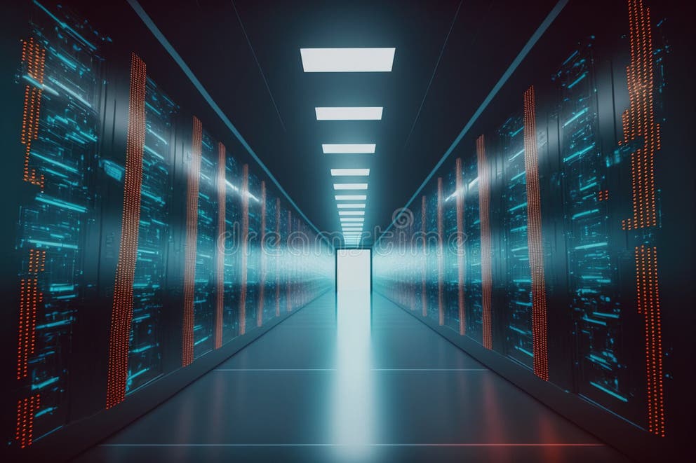 Corridor of Data Center with Racks of Server Computer for Cloud Computing Data Stock ...