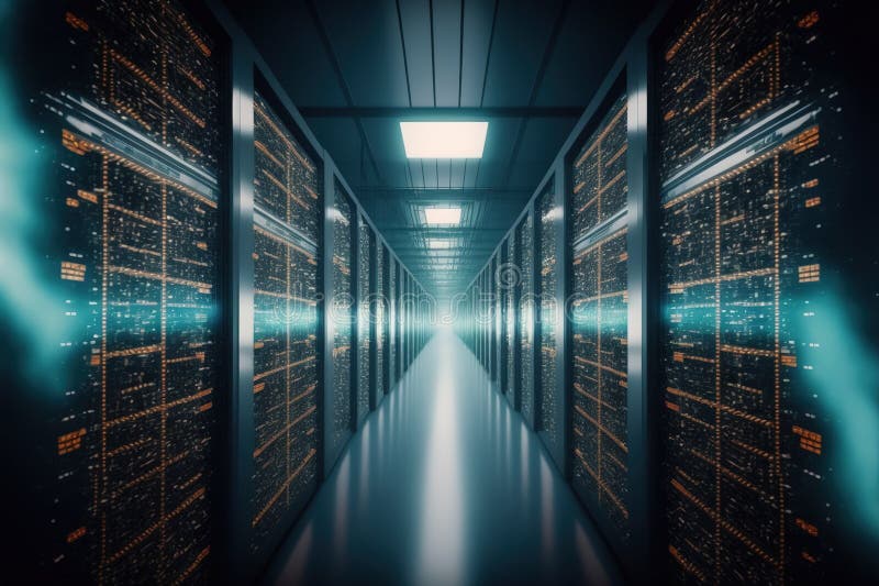 Corridor Of Data Center With Racks Of Server Computer For Cloud Computing Data Stock