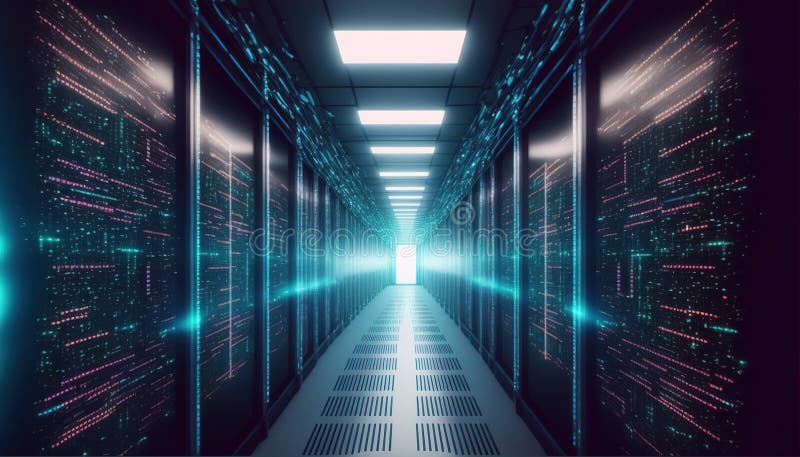 Corridor Of Data Center With Racks Of Server Computer For Cloud Computing Data Stock