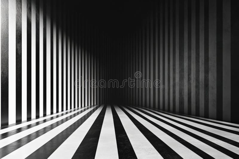 A Modern Black and White Striped Corridor with Dim Lighting and Depth ...