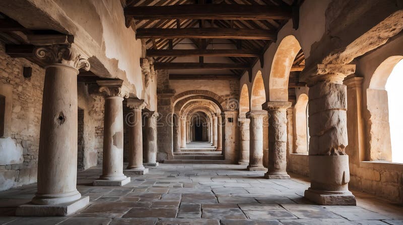 Exploring an Ancient Corridor with Arches and Columns at a Historical ...
