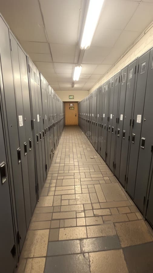 The Corridor Features Numerous Gray Lockers on Both Sides, Leading To a ...