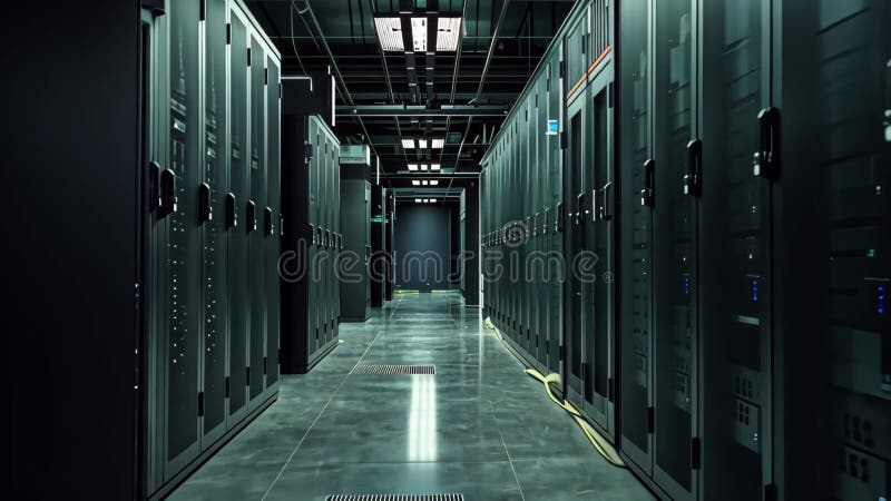 The Corridor Features Tall Server Racks Arranged Neatly on Both Sides ...