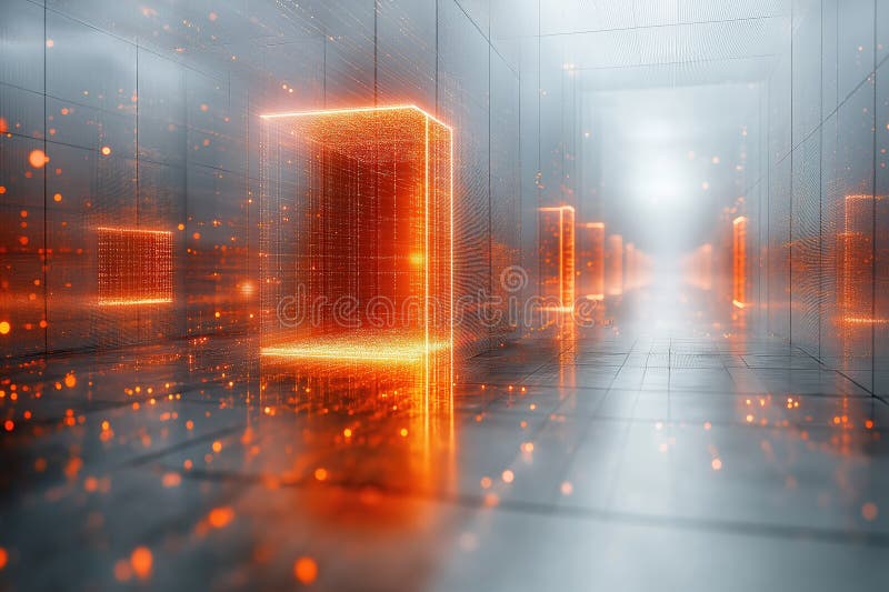 Futuristic Corridor with Glowing Boxes and Digital Particles in a High ...