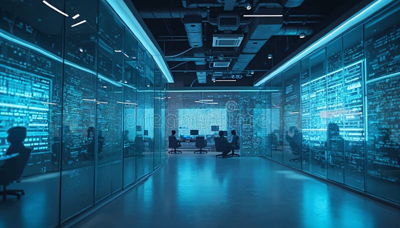Corridor with Glass-Walled Offices Showing Computer Code and Workers ...