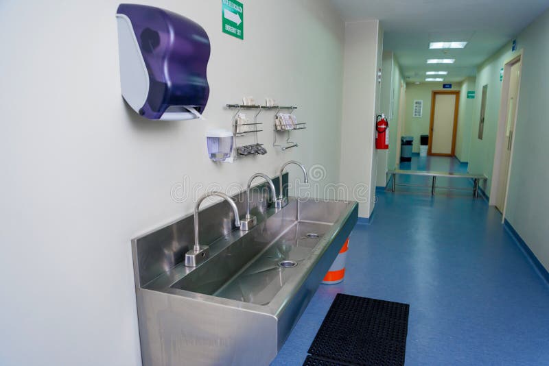 Corridor in the Hospital in Front of the Operating Room with a Sanitary ...