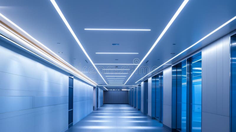 Modern Corridor with Blue LED Lighting Stock Image - Image of ...