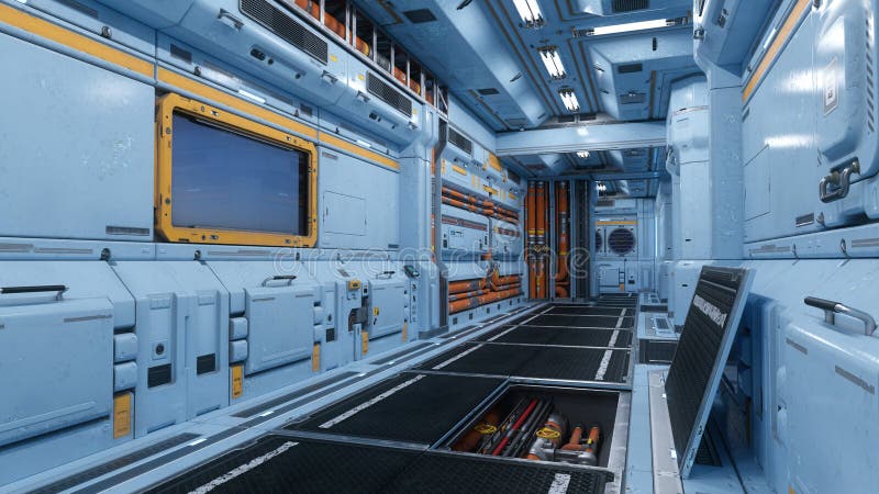 Corridor Inside a Futuristic Sci-fi Space Station Building with Exposed ...