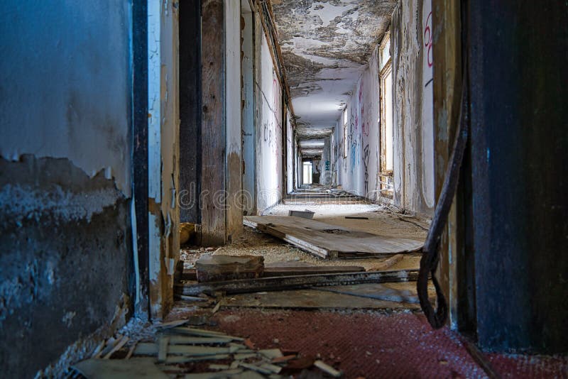 Corridor Inside an Old Abandoned Building with Broken Walls Stock Photo ...