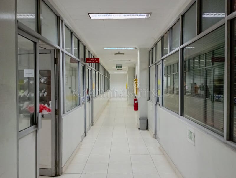 A Corridor of a Laboratory with Glass Walls and White Floor Stock Image ...