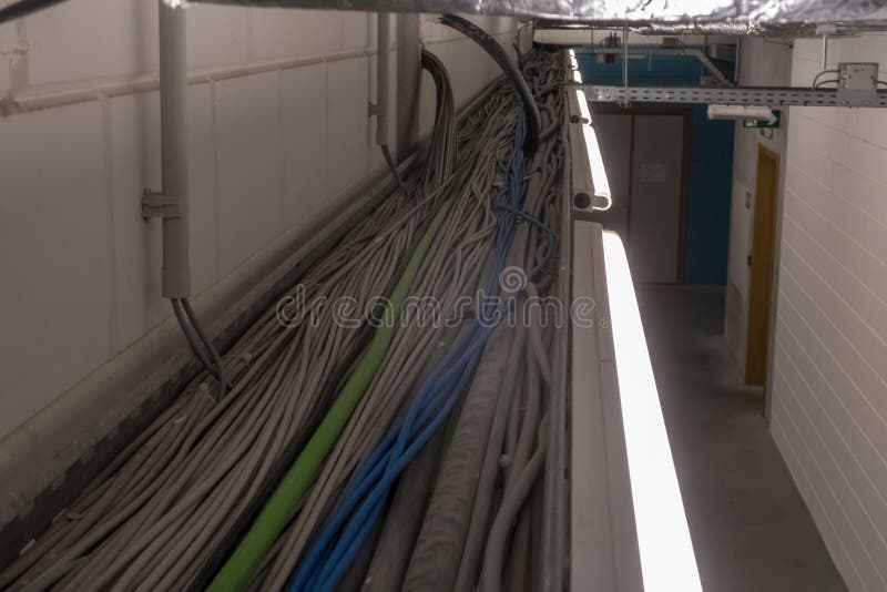Electrical Cables Hang from the Ceiling in a Cable Duct Stock Image ...