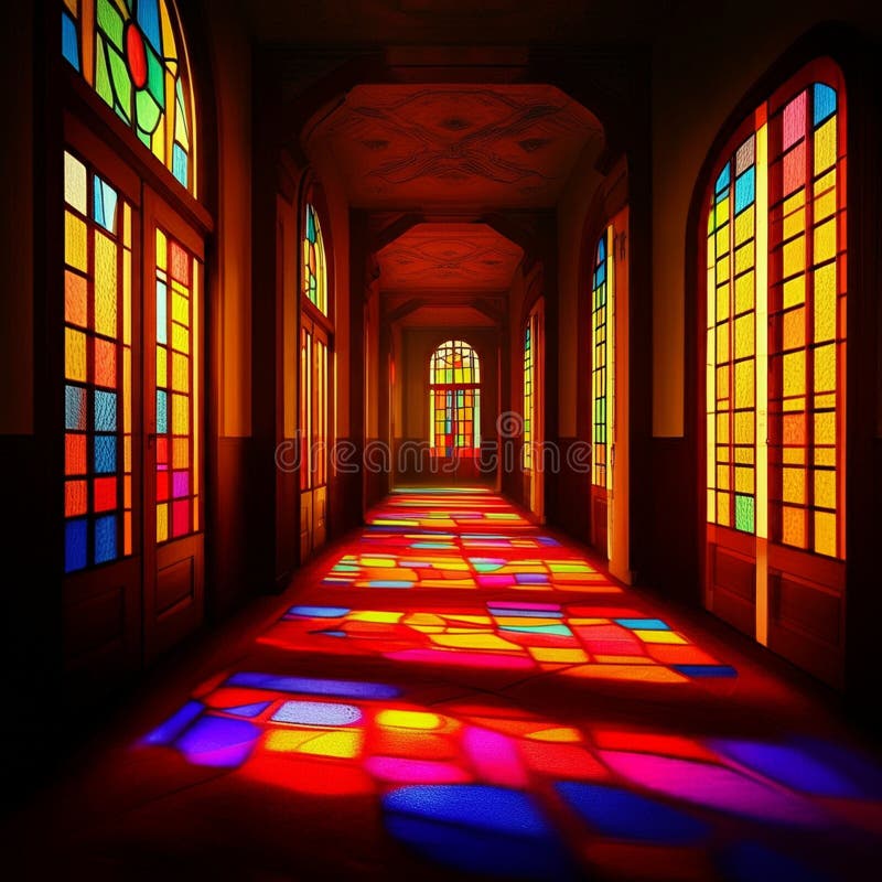 A Corridor Lined with Colorful Stained Glass Windows in Geometric ...