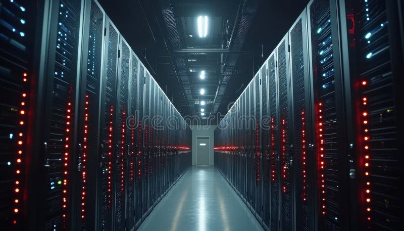 A Corridor Lined with Illuminated Server Racks in a Data Center at ...