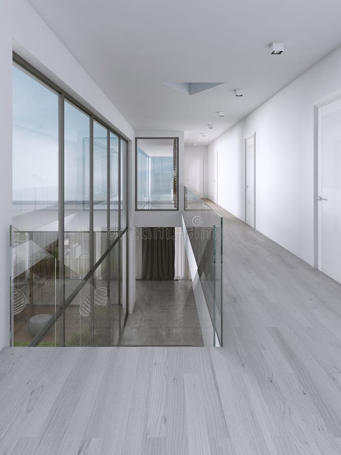 Corridor in a Modern House with Large Windows Stock Illustration ...
