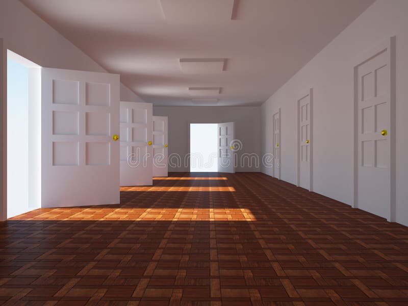 Corridor with open doors stock illustration. Illustration of illusion ...