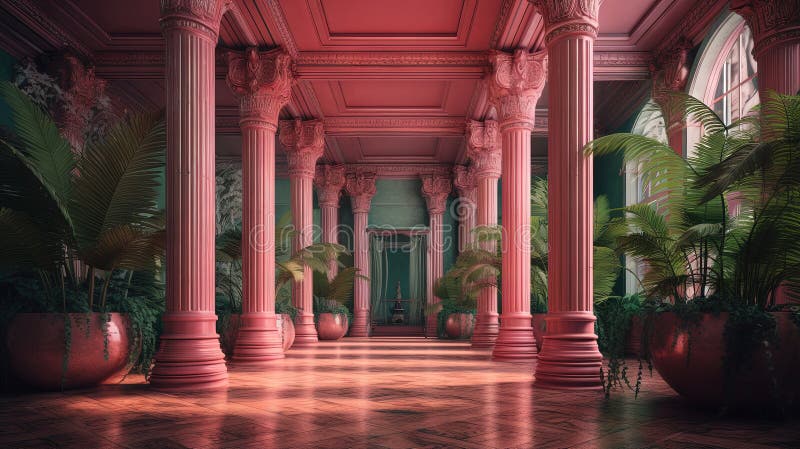 Corridor of Pink Columns and Green Plants in Vaporwave Styled Hotel ...