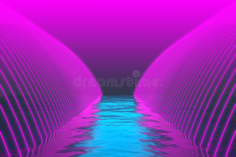 Corridor of Purple Curve Neon Lines Over the Water Stock Illustration ...