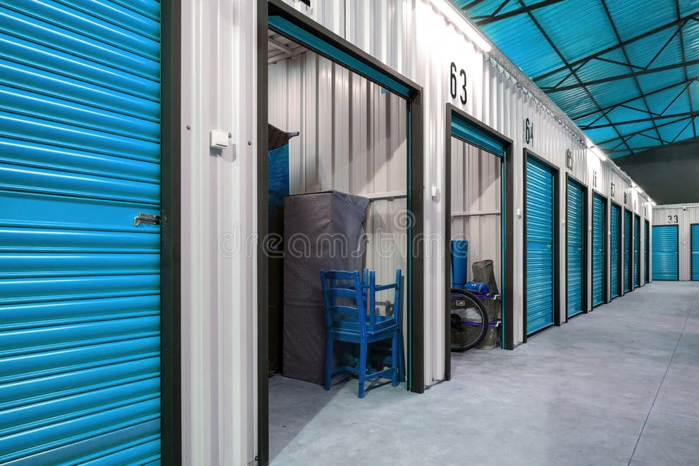 Corridor of Self Storage Unit with Blue Doors. Rental Storage Units ...
