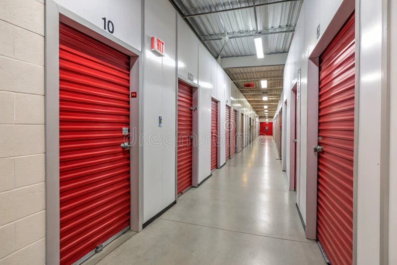 Corridor of Self-storage Unit with Red Doors Stock Illustration ...