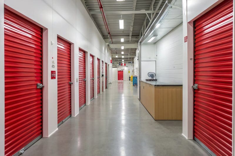 Corridor of Self-storage Unit with Red Doors. Rental Storage Units ...