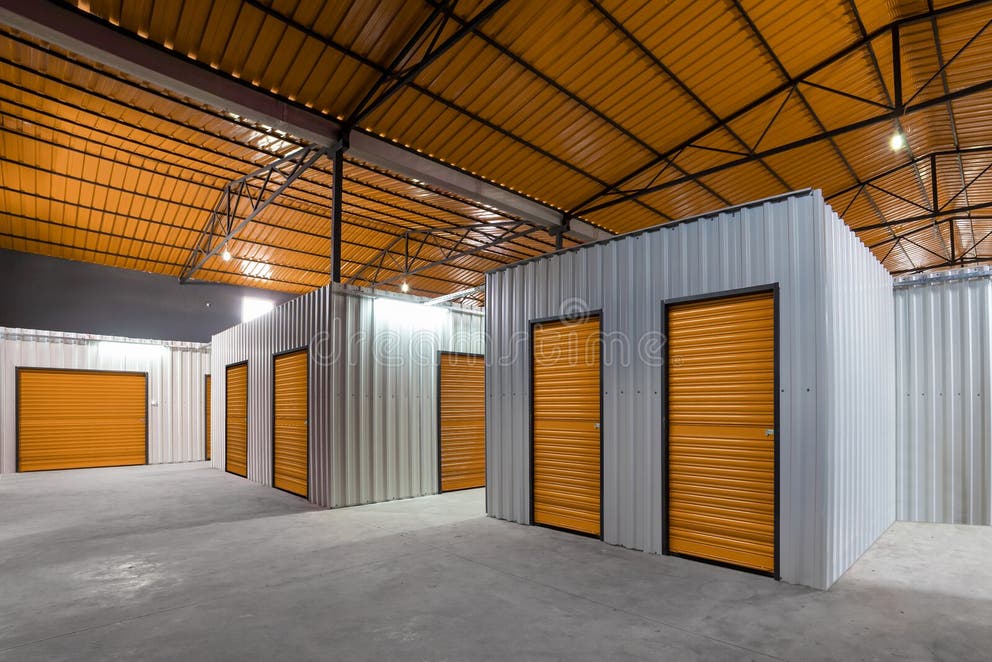 Corridor of Self Storage Unit with Red Doors. Rental Storage Units ...