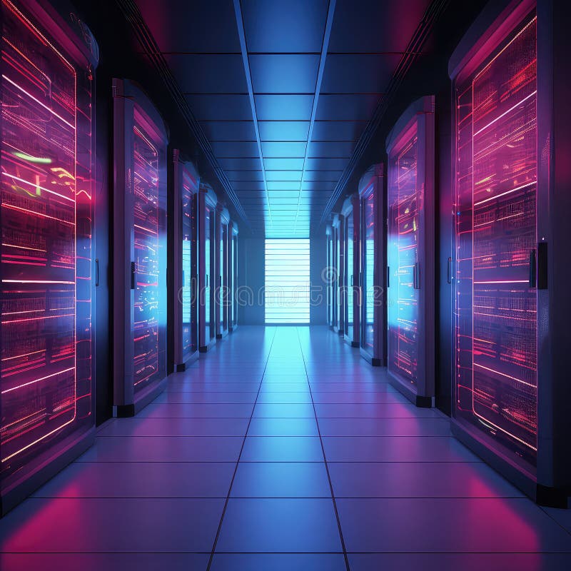 Corridor with Series of Modern Supercomputers Server Room with Neon ...
