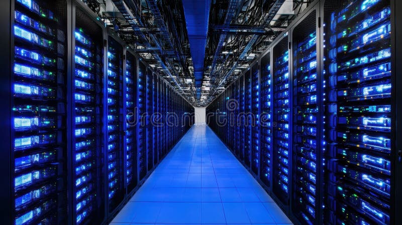 A Corridor of Server Racks Illuminated by Blue Lights in a Data Center ...