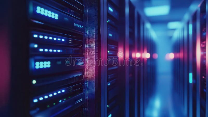 A Corridor of Server Racks Illuminated by Blue and Purple Lights in a ...