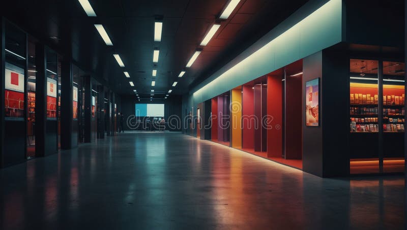 Corridor of the Shopping Center with Artificial Lighting, Colorful ...