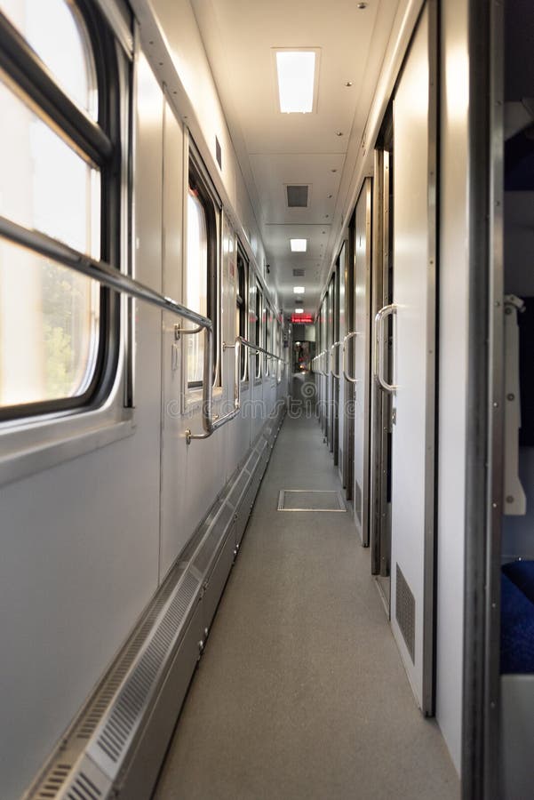 Corridor in Rail Car of Train Stock Image - Image of public, distance ...