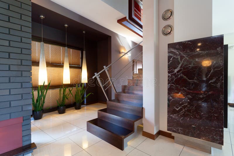 Corridor with Stairs in Modern Interior Stock Image - Image of brown ...