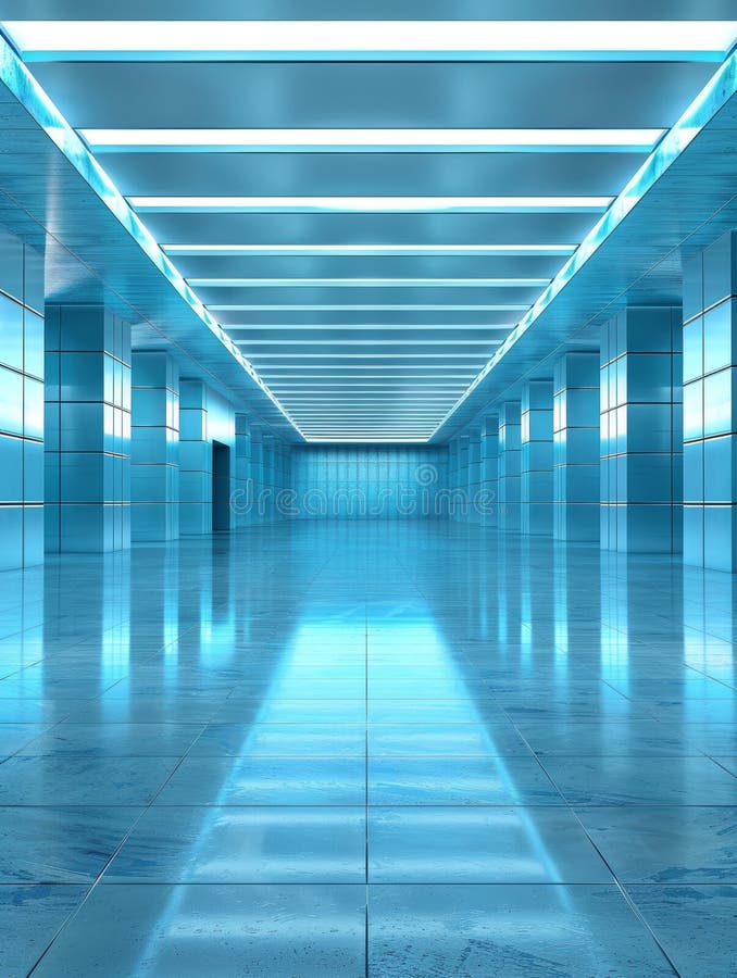 A Corridor with Striking Neon Blue Lighting Reflects on Marble Tiles ...