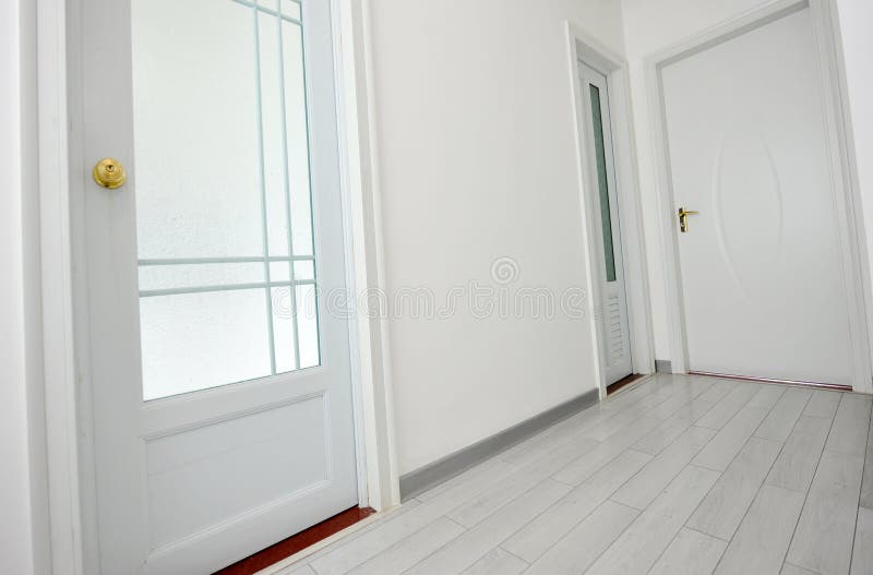 Corridor with three doors stock image. Image of parquet - 21539387