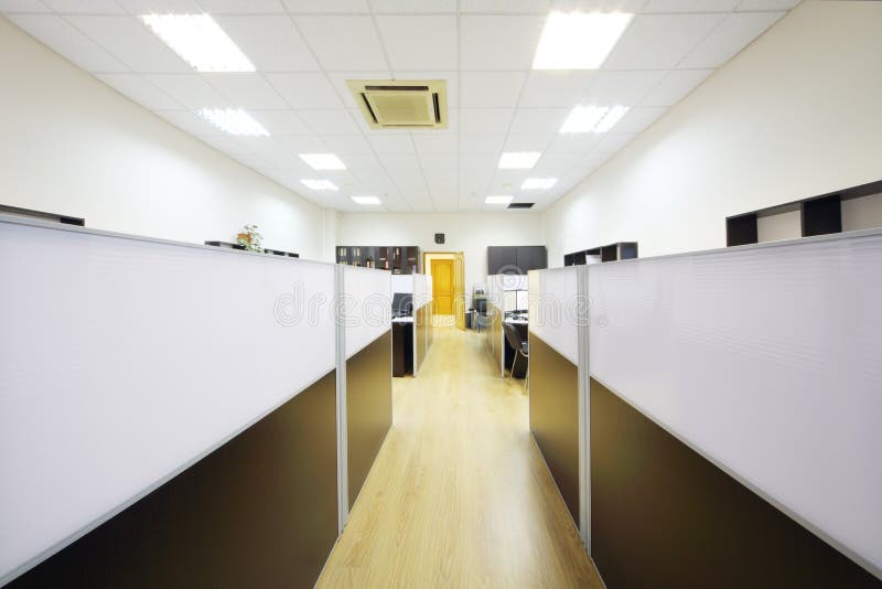 Corridor and Working Areas with Desktops Stock Photo - Image of ...