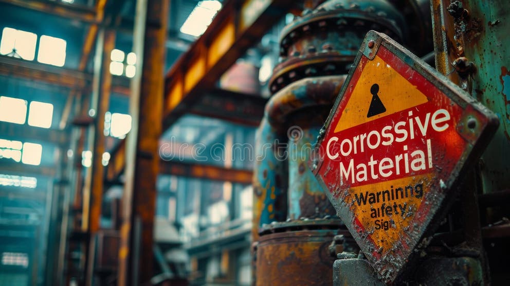Corrosive Material Warning Sign on a Rusty Metal Surface in an ...